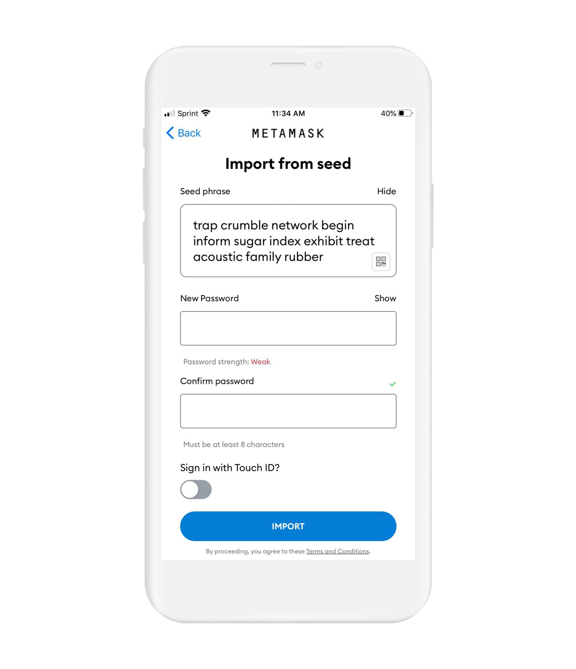 6. Initialize or import seed phrase - Vault12